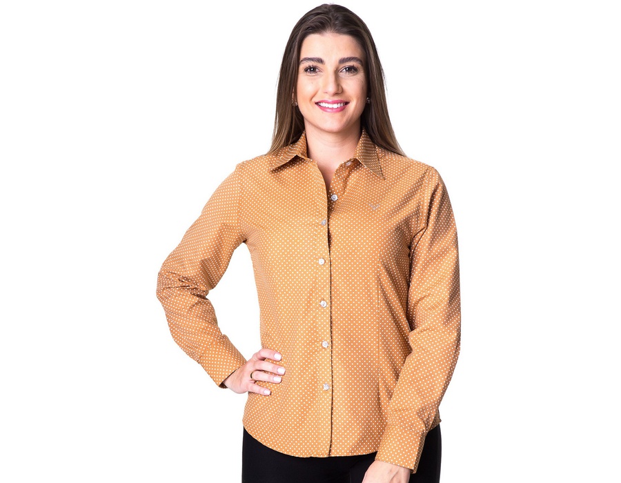 Blusa De Poá Caramelo Feminina Manga Longa Camy Pimentarosada