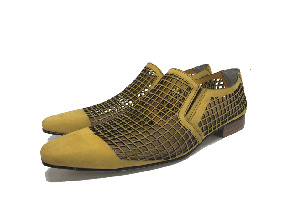 Sapato Masculino Italiano Em Couro Sport Laser Vazado Amarelo Nobuk ...