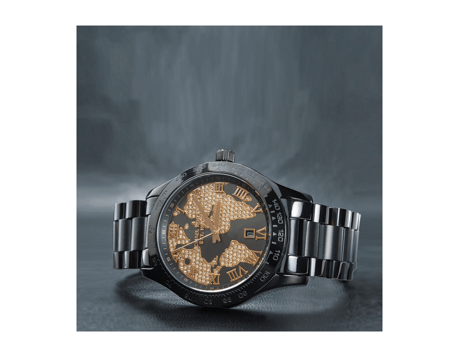 Relógio Analógico Michael Kors - Mapa Mundi Preto/Dourado | Authentika