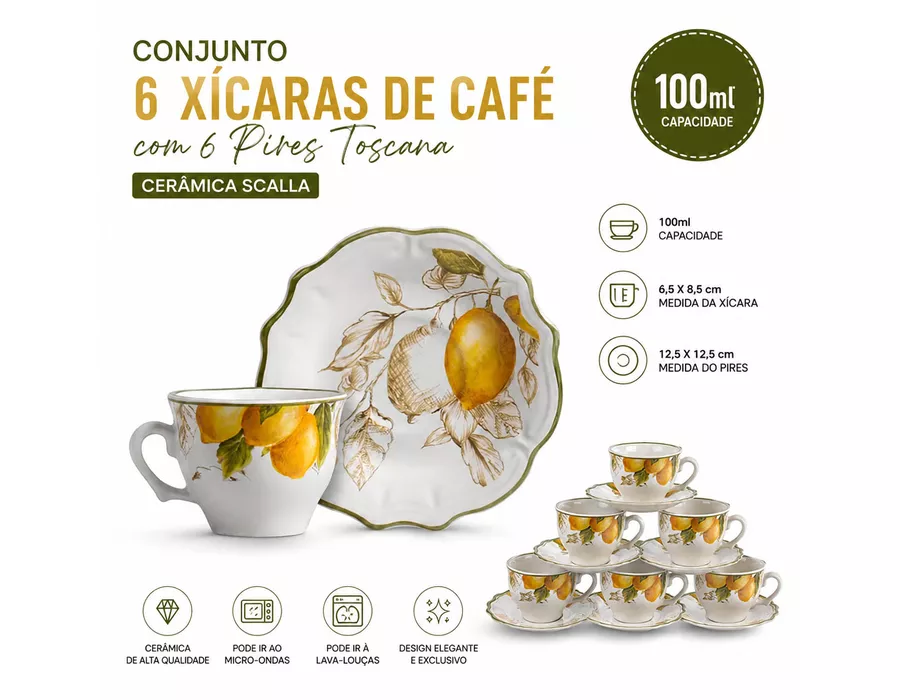 Conjunto 6 Xícaras de Café com 4 Pires Toscana Cerâmica Scalla ...