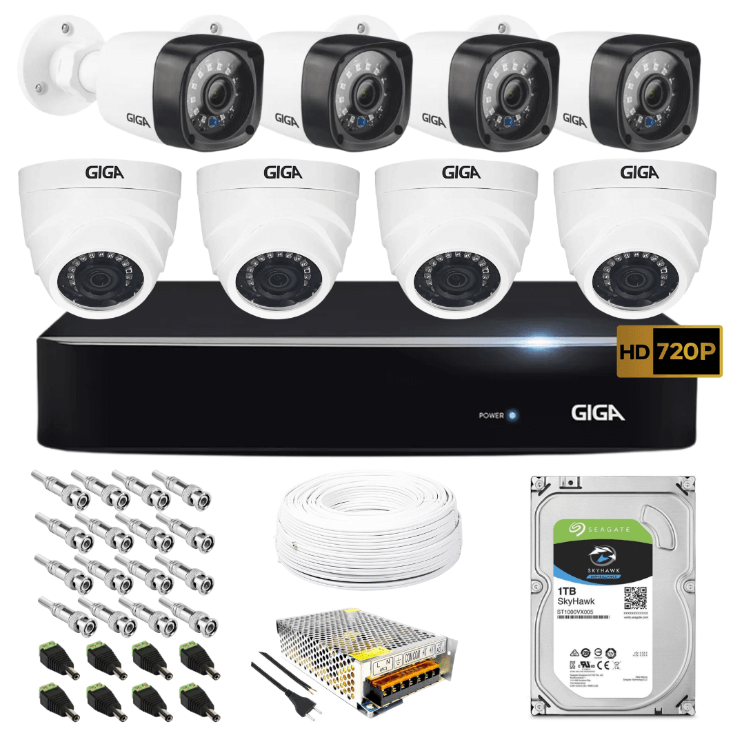 KIT 8 CAMERAS DE SEGURANÇA HD 720P GIGA | Monitoriza Distribuidora
